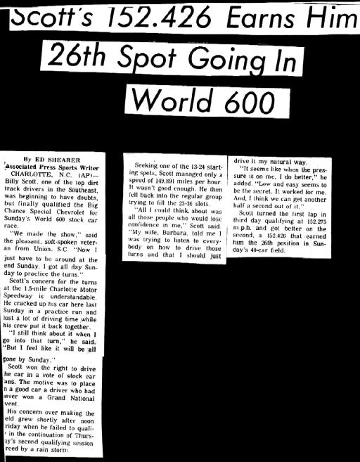 BILLY SCOTT STARTS 26th IN 1973 WORLD 600 - Gallery - Billy & Barbara ...