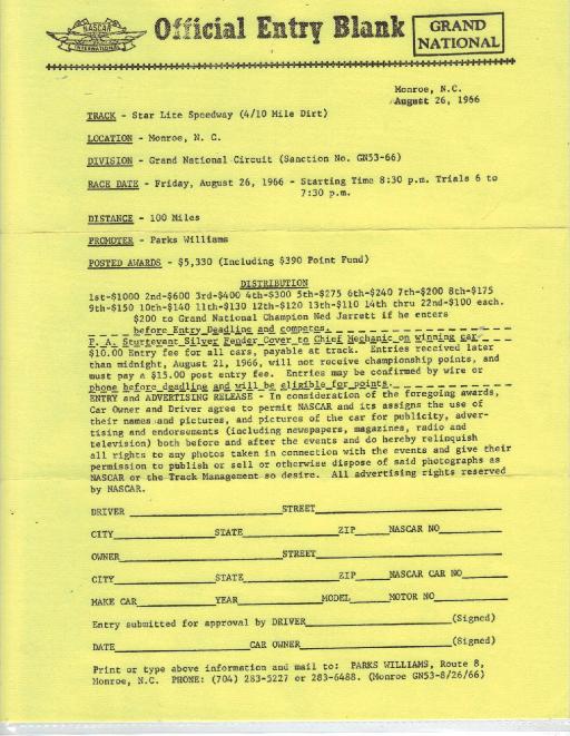 Starlite Speedway Grand National Entry Blank - Gallery - N.B. Arnold ...